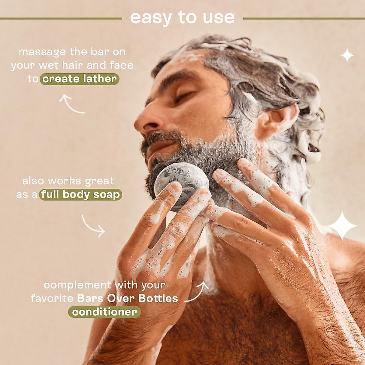 B.O.B BARS OVER BOTTLES Detox Solid Shampoo Bar | For Man | 3 in 1: Hair, Beard & Body Wash | Flaky Scalp, Haircare | Dandruff Control | Natural, Vegan | Plastic Free | Waterless & Zero Waste