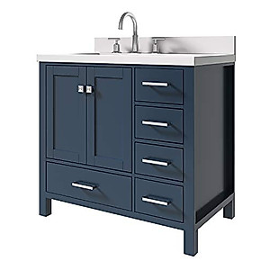 ARIEL 37" Midnight Blue Bathroom Vanity with 1.5" Edge Pure White Quartz Countertop & Backsplash, Left Rectangular Sink, 2 Soft Closing Doors, 5 Full Extension Dovetail Drawers, Satin Nickel