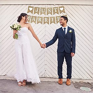 Pre-Strung Just Married Banner - NO DIY - Gold Glitter Wedding Party Banner - Pre-Strung Garland on 6 ft Strands - Gold Wedding Reception Party or Car Decorations & Decor. Did we Mention no DIY?