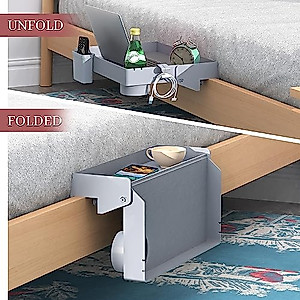 SOLEJAZZ Bedside Shelf for Bed, Folding Bunk Bed Shelf for Top Bunk Clip On Nightstand College Dorm Room Essential Table Caddy Bedside Night Stand Shelf with Hooks, Cup & Cord Holder, Plus Size, Grey