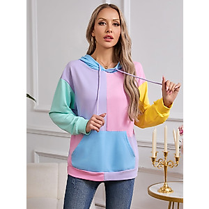 SweatyRocks Women's Cute Color Block Long Sleeve Pullover Hooded Sweatshirts Top Purple Pink M