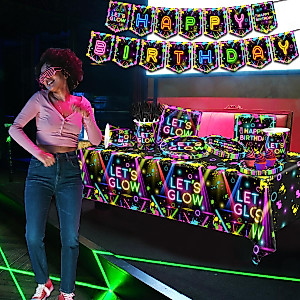 Neon Party Supplies,142Pcs Let Glow Party Decorations Including Disposable Paper Plates,Cups,Tablecloths, Glow in the Dark Theme Decoration for Birthday Baby Shower Party