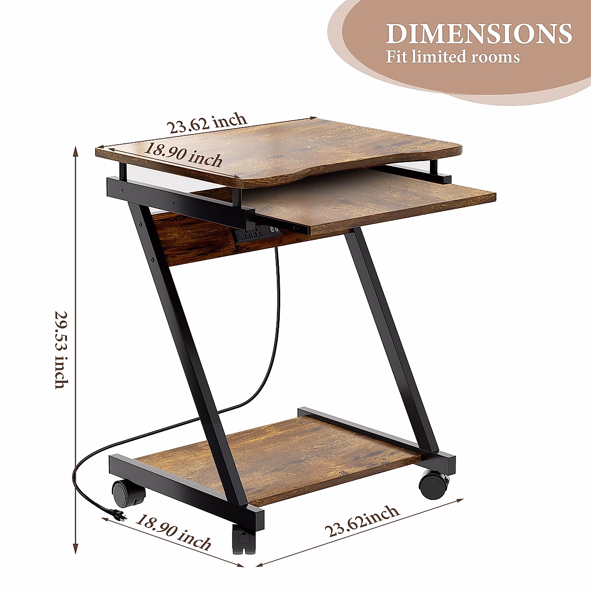 ZERDER Small Computer Desks with Power Outlet, Z-Shaped Home Office Desks for Small Space, Compact Study Desk with Keyboard Tray and Casters, Computer Workstation for Home and Office, Brown