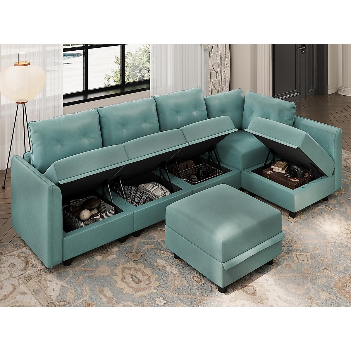 LLappuil Modular Sectional Sofa, Convertible L Shaped Sectional Couch with Storage, Faux Leather Fabric, Modular Sectionals with Chaise, 5 Seats with Ottoman Sofas for Living Room, Aqua Blue