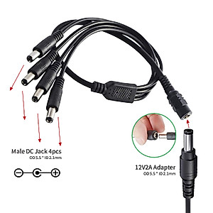 [UL Listed FCC] AC 100-240V to DC 12V 2A Power Supply Adapter 5.5mm x 2.1mm Switching +4 Split/ 4-Way Power Cable for CCTV Security Camera DVR NVR Led Strip