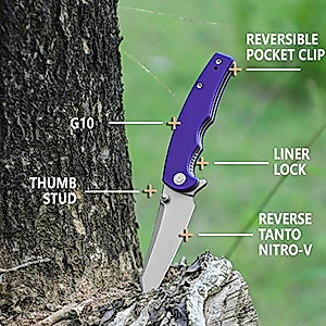CIVIVI P87 Folder EDC Knife, Kaila Cumings 2.9-in Nitro-V Silver Bead Blasted Blade Reverse Tanto, G10 Handle with A Thumb Stud Liner Lock Folding Pocket Knife for Everyday Carry (Purple)