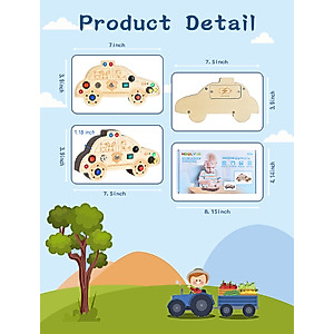 HOOLYUK Busy Board for 3+ Year Old Toddler, Wooden Car Sensory Toy for Autistic Children with LED Light Switches and Toggle Switch, Portable Fidget Toy Great for Travel