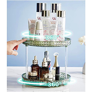 ANNIYA 2 Tier 9.25 Inch Rotating Bathroom Counter Organizer, Makeup Organizer, Clear Standing Vanity Organizer Shelf for Bathroom Storage Organization, Kitchen (Diamond Clear Green)