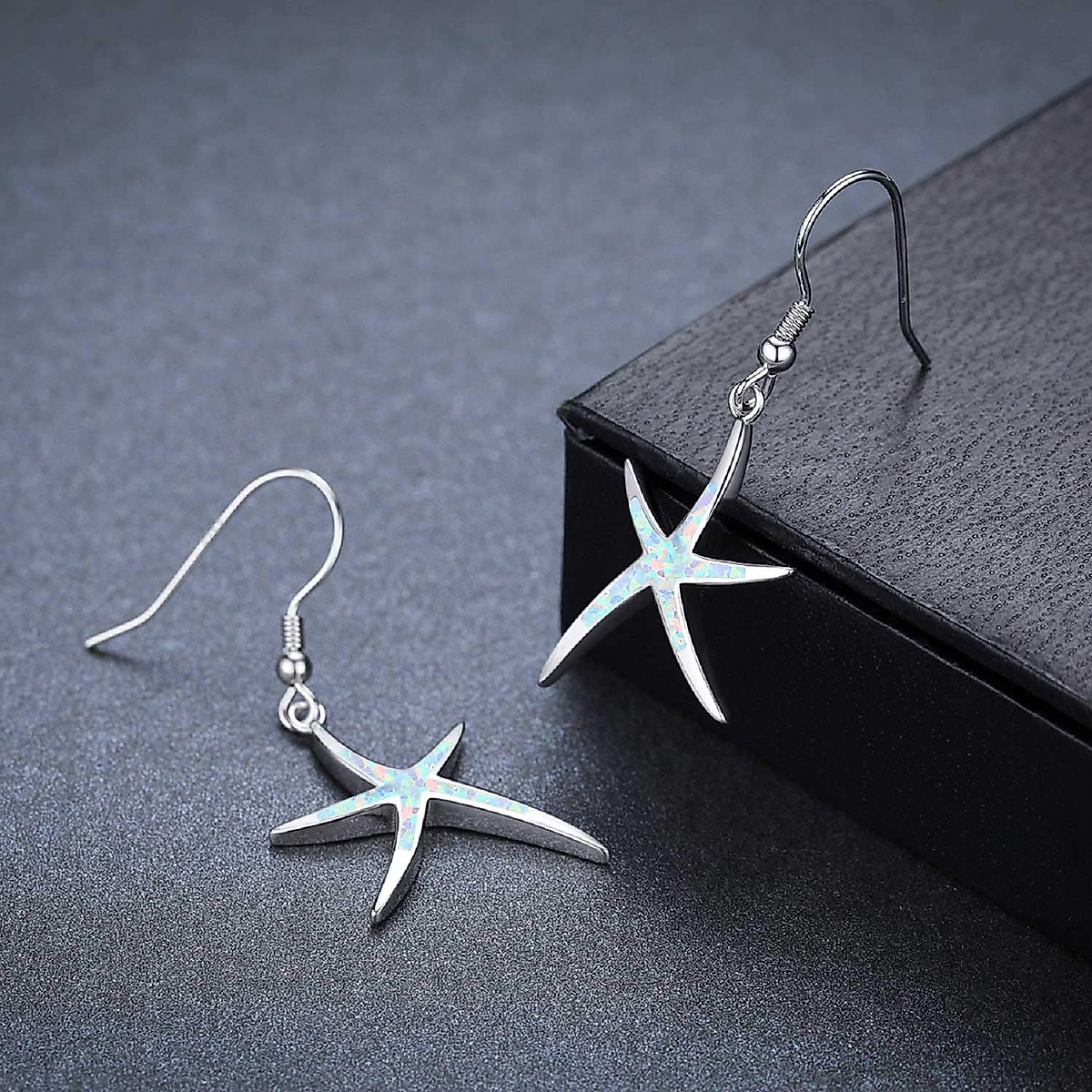 Starfish Earrings,925 Sterling Silver with White Opal Fish Hoops Earings,Nautical Hawaiian Sea Beach Earrings,Starfish Jewelry for Women Starfish Lovers