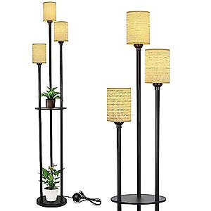 Boho Floor Lamp with Shelves, Black Floor Lamp with Hand-woven Shade, 3-Lights Corner Display Standing Lamp, Farmhouse Rustic Floor Lamps For Living Room, Bedroom, Office, Metal Tall Lamp for Reading