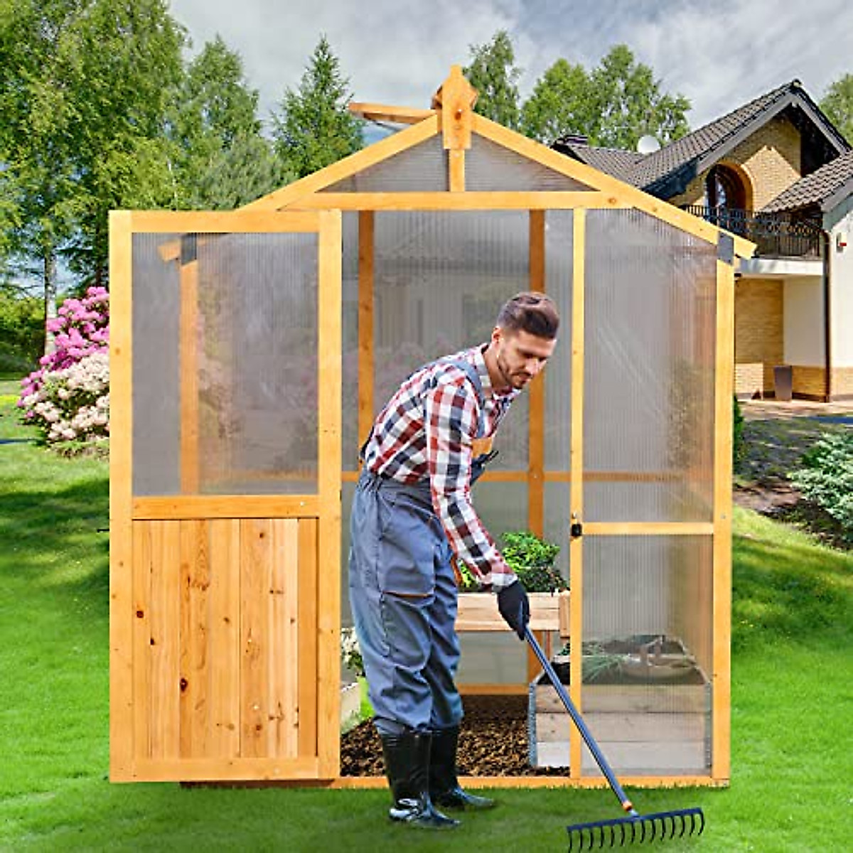 Aoodor 81” (L) x 93”(W) x 98”(H) Outdoor Walk-in Greenhouse, Plant Gardening Polycarbonate Green House with Roof Vent and Fir Frame for Backyard Garden