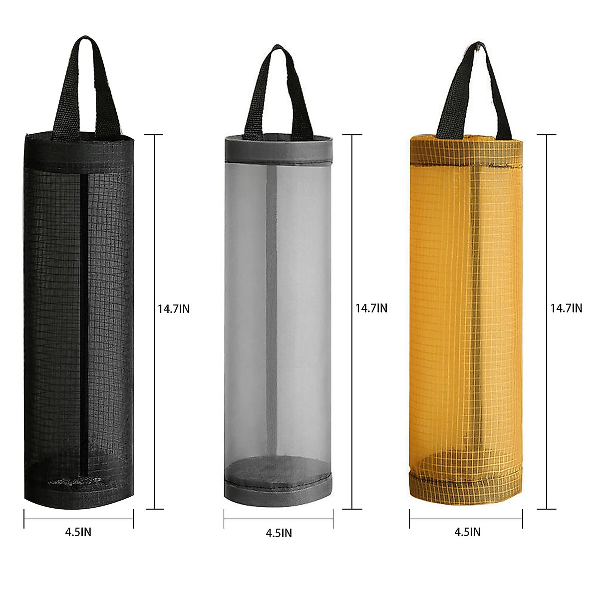 Plastic Bag Holder, Mesh Grocery Bag Holder Hanging Storage Bag Dispenser Foldable Breathable Washable Organizer for Home Kitchen (Black Gray Yellow 3 packs)