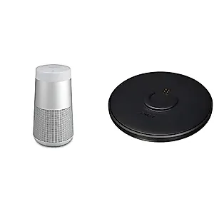 Bose SoundLink Revolve (Series II) Portable Bluetooth Speaker – Wireless Water-Resistant Speaker with 360° Sound, Silver & SoundLink Revolve Charging Cradle Black