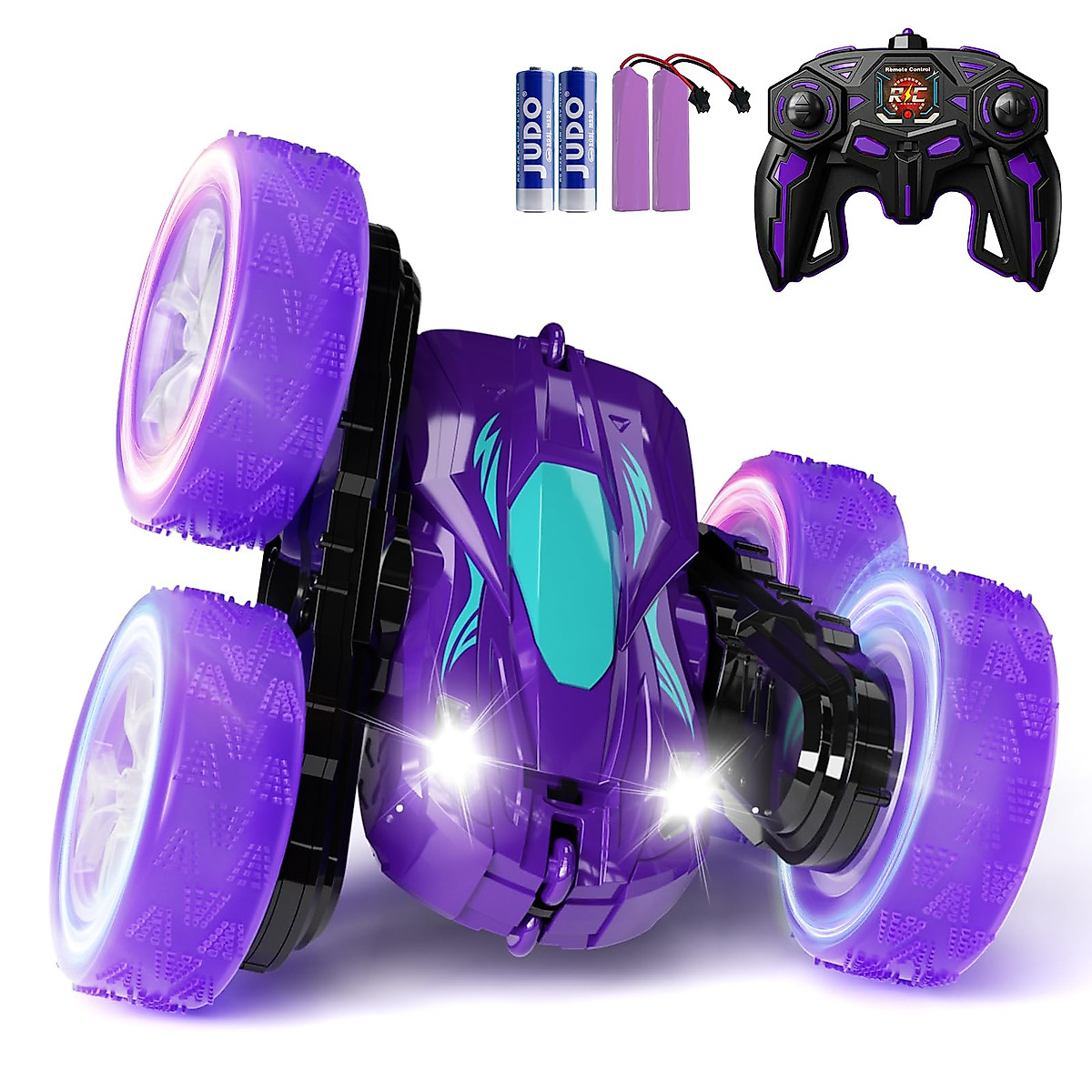 28℃ Remote Control Car for Boys, Drift High Speed RC Cars, 4WD 2.4Ghz Rechargeable RC Truck with Double Sided 360 Flips and Headlights Wheel Lights, Off-Road Stunt Toy Car for Kids Boy Girls (Purple)