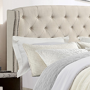 Rosevera Louis Upholstered Wingback Headboard with Double Nailhead Trimming and Button Tufting for Bedroom, Queen, Linen Beige