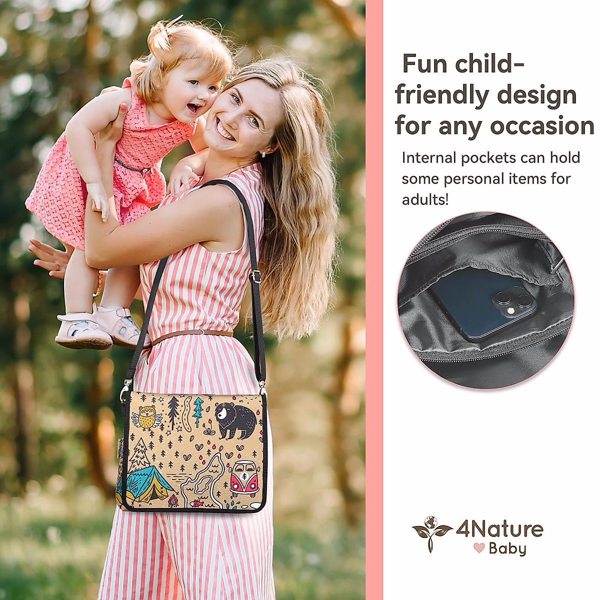 4 Nature Small Diaper Clutch Bag with Wipe Holder, Baby Diaper Bag Purse - Crossbody Diaper Bags For Women, Water Resistant Diaper Organizer Dispenser Pouches, Adjustable Cross Body Straps (Woodland)