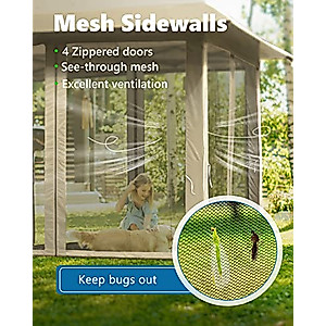 Quictent 11’x11’ Pop up Gazebo Canopy Tent with Mosquito Netting, One Person Setup Vented Outdoor Instant Screened House Tent Shelter with 4 Sand Bags, Khaki