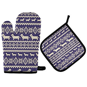 ALAZA Oven Mitts & Pot Holders, Cute Ethnic Nordic Dog Protective Heat Resistant Kitchen Microwave Gloves for Baking Cooking Grilling BBQ