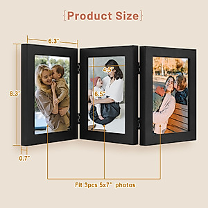 Golden State Art, 5x7 Three Picture Frame Trifold Hinged Photo Frame with 3 Openings, Desk Top Family Picture Collage, with Real Glass (5x7 Triple, Black, 1-Pack)