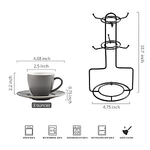 YHOSSEUN Espresso Cups with Saucers Set with Cup Holder 4 oz Cappuccino Cups Set of 6 Porcelain Espresso Cups Set and Metal Stand 3 OZ Demitasse Cup