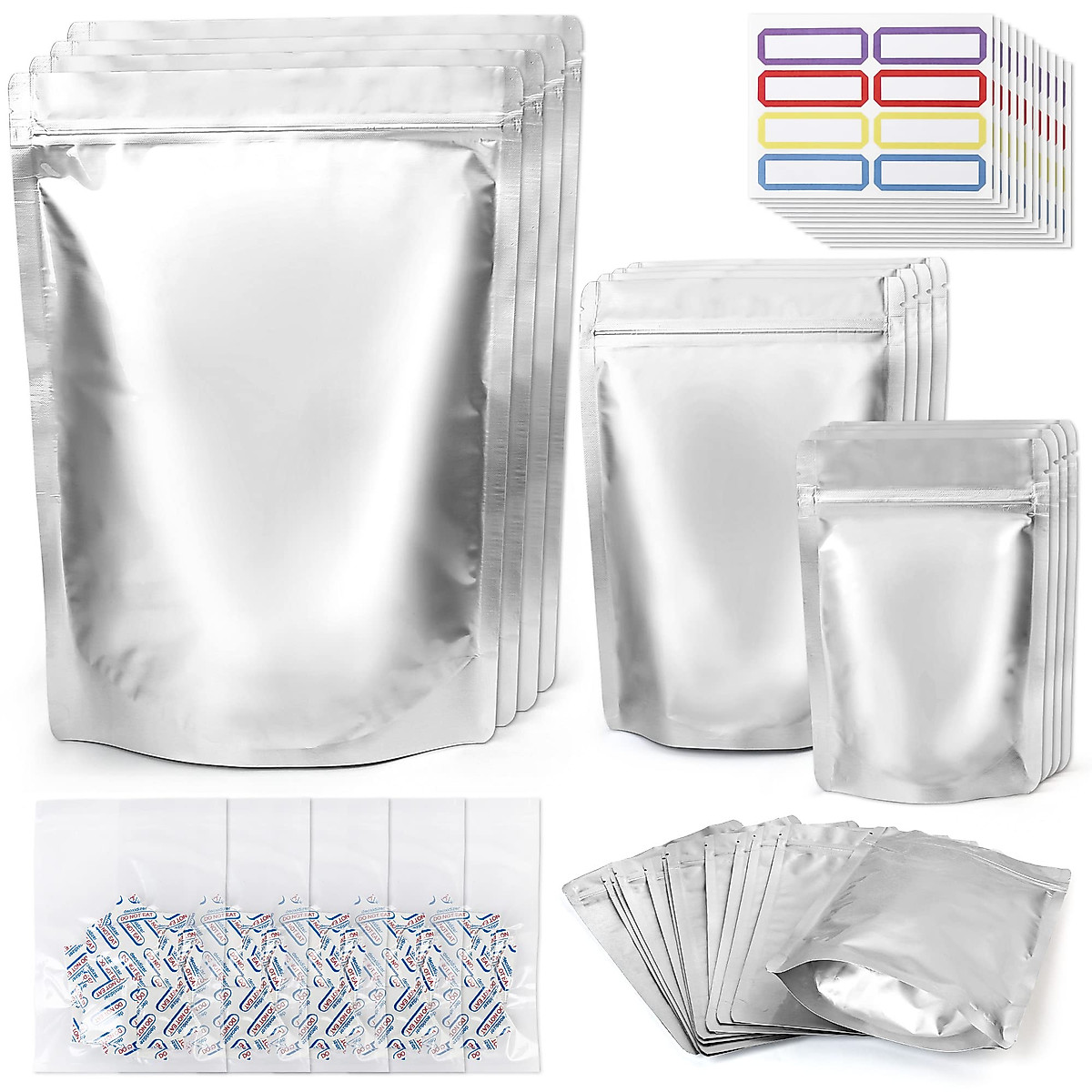 Food Container Storage Mylar Bags, 100 Pcs with Oxygen Absorbers and Labels, Resealable Ziplock Bags for Heat Sealable, 3 Sizes (Gallon, Quart, Small), Thick 8.6 Mil