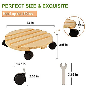 LiveBe 12 Inch Round Plant Caddy Heavy Duty Plant Pot with 4 Rolling Wheels(2 Lockable Caster Wheels), Indoor Outdoor on Roller Patio/Flower Pot/Succulent Pots(2 Pack) (Nature)