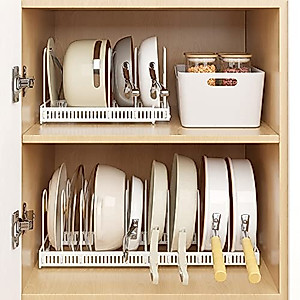 Rerii Pan Organizer Rack for Cabinet, Expandable Pots and Pans Organizer Rack, Cutting Board Pot Lid Holder Dish Drying Racks with 10 Adjustable Dividers for Kitchen Counter