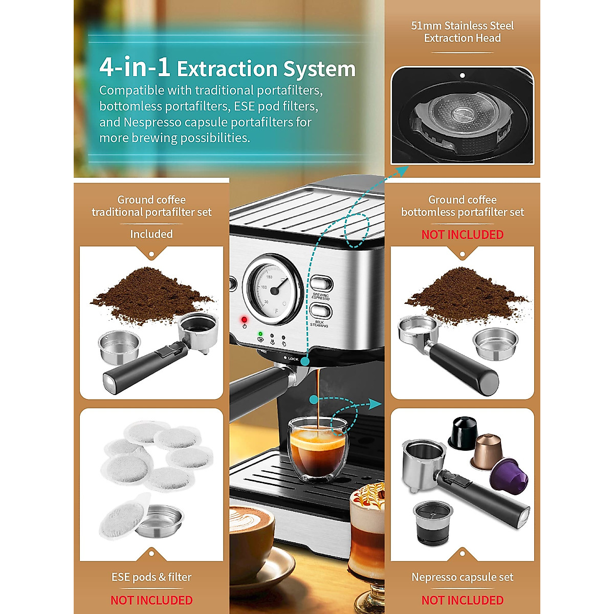 Gevi Espresso Machine, Espresso Maker with Milk Frother Steam Wand, Compact Espresso Super Automatic Espresso Machines for home Cappuccino, Latte, GECME403L-U