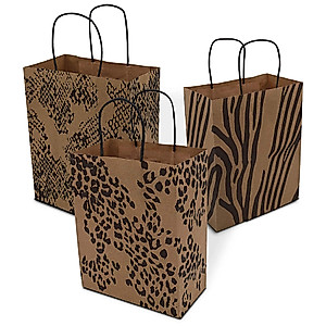 Brown Paper Gift Bags - 10x5x13 Inch 50 Pack Brown Animal Print Medium Bags with Handles, Cheetah, Zebra, Leopard, for Shopping, Groceries, Small Business, Retail, Take-Out, Merchandise, Parties, Events