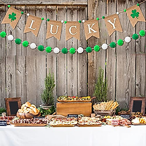 WATINC 2PCS St. Patrick's Day Burlap Banner Felt Ball Garland Set, Shamrock Bunting Pom Pom Garlands Decoration, Lucky Clover Hanging Decor for Saint Patty’s Day Party Mantle Fireplace Home Wall