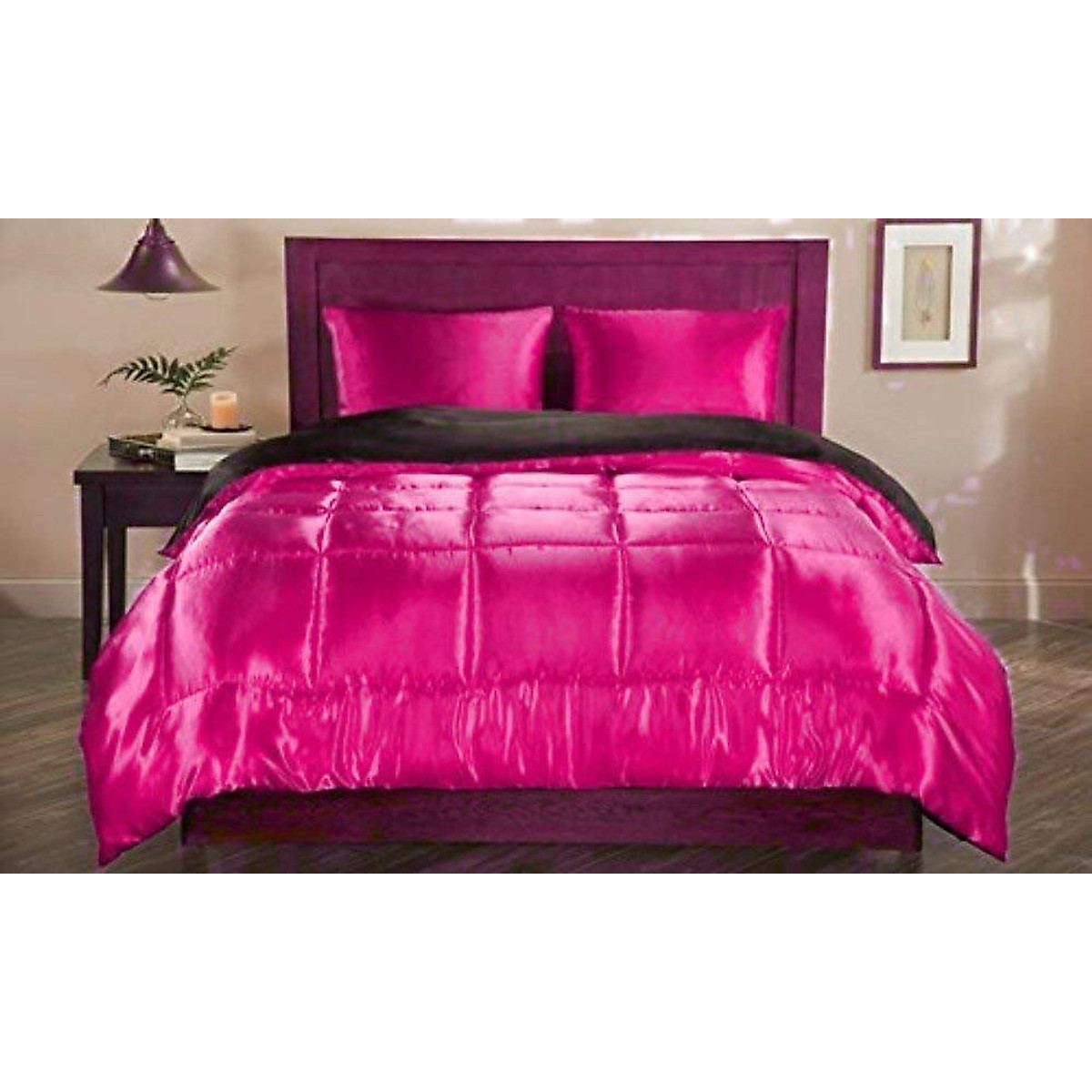 HR Luxury Linen Ultra Soft Luxurious Satin 3-Piece Silky Satin Comforter Set, Duvet/Comforter + 2 Pillowcases (King/Cal-King, Hot Pink)