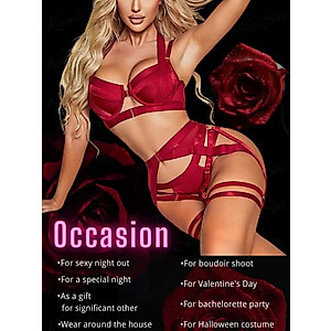 Kaei&Shi Garter Belt Thong Lingerie for Women,Strappy Hollow Out Underwire Racerback Sexy Lingerie,Harness Garter Leg Strap Matching 4 Piece Lingerie Set Boudoir Burgundy Medium