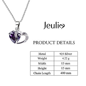 Jeulia 925 Silver Double Heart Pendant Necklace Amethyst Diamond Pendant with CZ Stone Romantic Jewelry Gifts for Her Mother’s day Aniversary Promise Gift (Silver) (Purple)