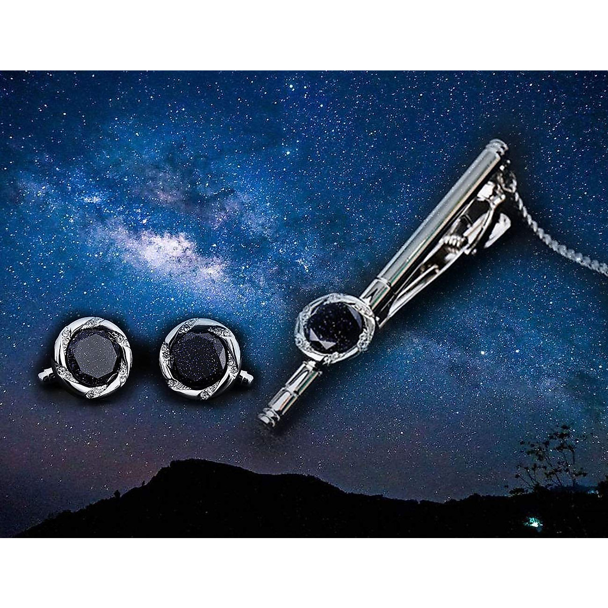 BagTu Crystal Galaxy Cufflinks and Tie Clip Set with Gift Box and Greeting Card, Round Dark Blue Cufflinks and Tie Clip Gift Set for Men