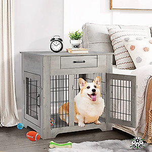 IDEALHOUSE 32 Inch Furniture Style Dog Crates – Chew-Proof Indoor Casual Home Wooden Pet Crate, Indoor Pet Crate Side Table, Wood Look Dog Kennel End Table with Drawer, Grey