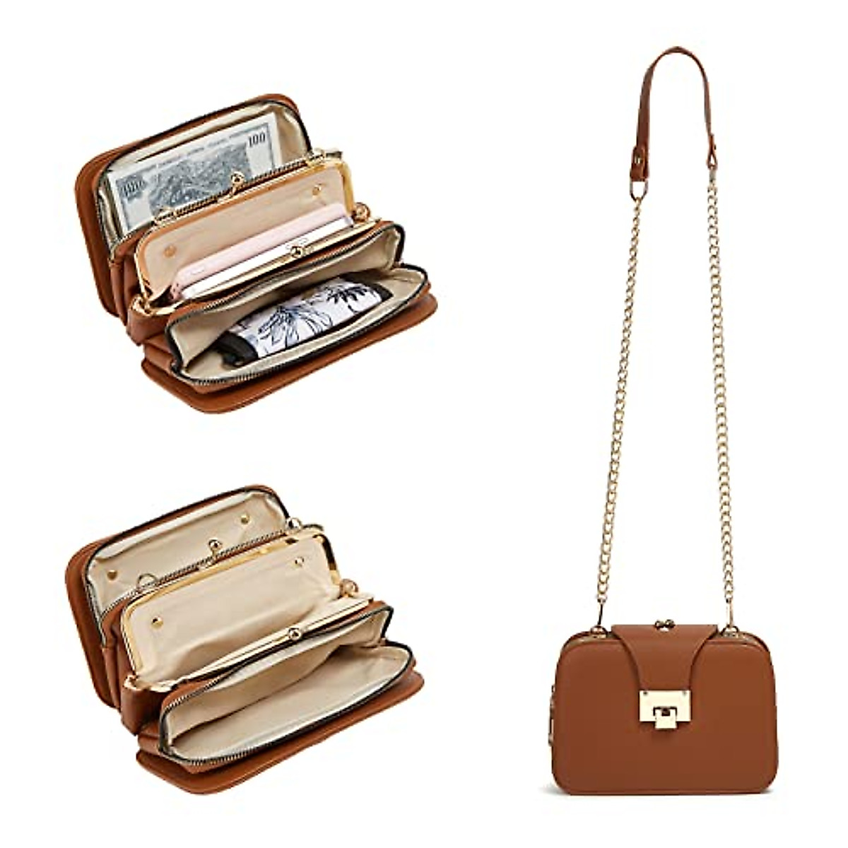 forestfish Ladies Black PU Leather Shoulder Bag Evening Clutch Purse Crossbody Bag with Metal Chain Strap, Khaki