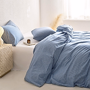 Wake In Cloud - Striped Cotton Duvet Cover Set, 100% Washed Cotton Textured Percale Bedding Set, Ticking Stripe Pinstripe Farmhouse, 3 Pieces, Denim Blue, Queen Size