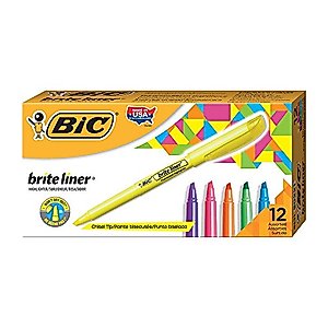 BIC Brite Liner Highlighters, Chisel Tip, 12-Count Pack of Highlighters Assorted Colors, Ideal Highlighter Set for Organizing and Coloring