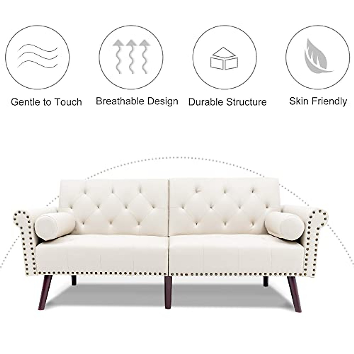 SUN & SUMMER Futon Sofa Bed for Living Room Loveseat Sectional Sofa Convertible Sleeper PU Leather Tufted Couch with 2 Bolster Pillows Beige