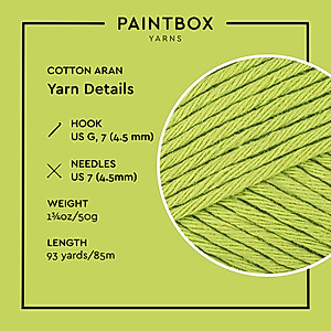 Paintbox Yarns 100% Cotton Aran Yarn 1.76oz (50g), 93 Yards (85m) - Lime Green Worsted Wool for Crochet, Knitting - Soft, Lightweight for Sweaters, Clothes