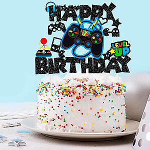 Video Game Happy Birthday Cake Topper Glitter Game Controller Cake Pick Decoration Gamer Birthday Cake Decorations for Video Game Controller Themed Kids Birthday Party Baby Shower Supplies (Black)
