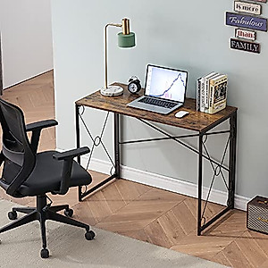 VECELO 39" Writing Computer Folding Desk Sturdy Steel Laptop Table for Home Office Work, No Assembly Required,Antique Brown