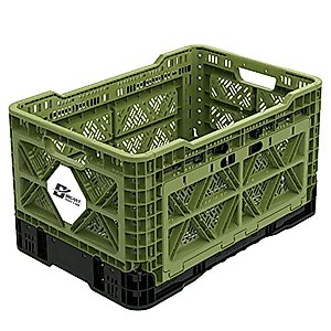 Bigant Heavy Duty Collapsible & Stackable Plastic Milk Crate-Medium Size, Olive, Stackable Open Front Organizer, Set of 1, Snap Lock Foldable Industrial Garage Storage Bin Container Utility Basket