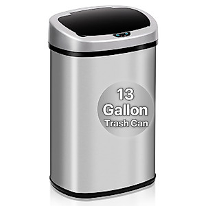 Dkelincs 13 Gallon Kitchen Trash Can Garbage Can with Lid Automatic Touch Free Stainless Steel Trash Can for Home Office Living Room Bedroom, 50 Liter (SS)