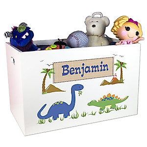 My Bambino Personalized Dinosaur Toy Box for Boys Custom White Wooden Theme for Kids Bin Child Safe with No Lid Storage Playroom Nursery (Dinosaur)