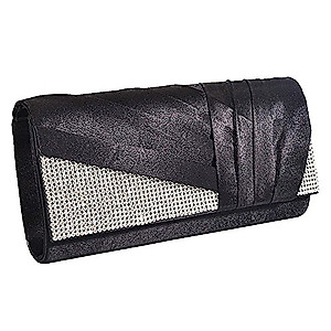 U-Story Womens Satin Pleated Evening Clutch Rhinestone Wedding Prom Purse Handbag (Black)