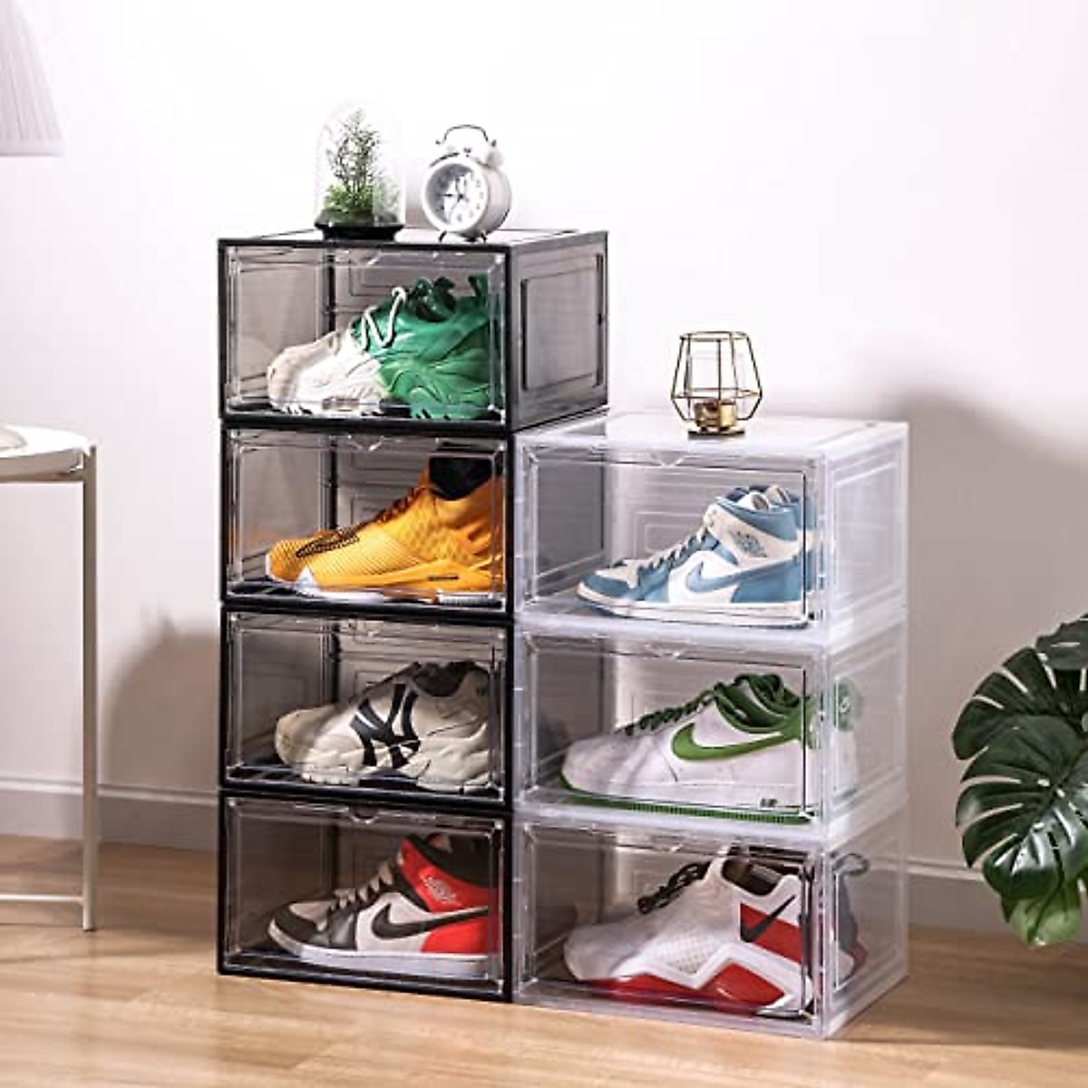Attelite 3 Pack X-Large Drop Front +6 Pack Large Side Open Clear Plastic Shoe Organizer Box, Stackable Shoe Containers for Display Sneakers