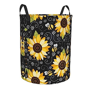Sunflower Bees Printed Round Laundry Hamper,Collapsible Clothes Hamper Storage With Handle,Canvas Fabric Waterproof Storage Bin