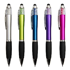MiSiBao Stylus Pens for Touch Screens, Medium Point Pens with Crystals for Women and Kids Black Ink Pen with Stylus Ballpoint Pens with Comfort Grip for The Ipad (Style-5 Count+3 Refills)