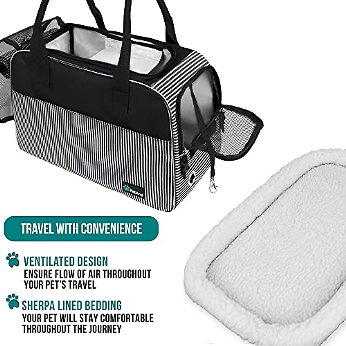 PetAmi Airline Approved Dog Purse Carrier | Soft-Sided Pet Carrier for Small Dog, Cat, Puppy, Kitten | Portable Stylish Pet Travel Handbag | Ventilated Breathable Mesh, Sherpa Bed (Stripe Black)